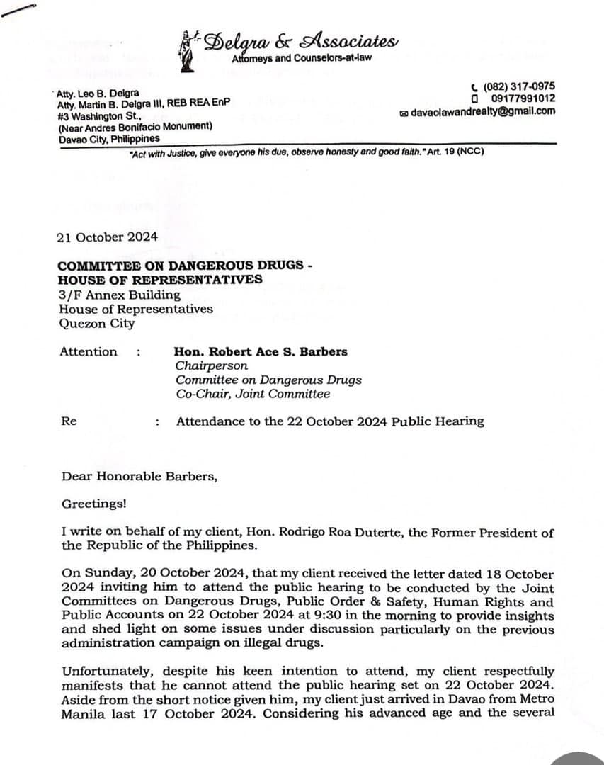 Former President Rodrigo Duterte Unable to Attend House Hearing on ...