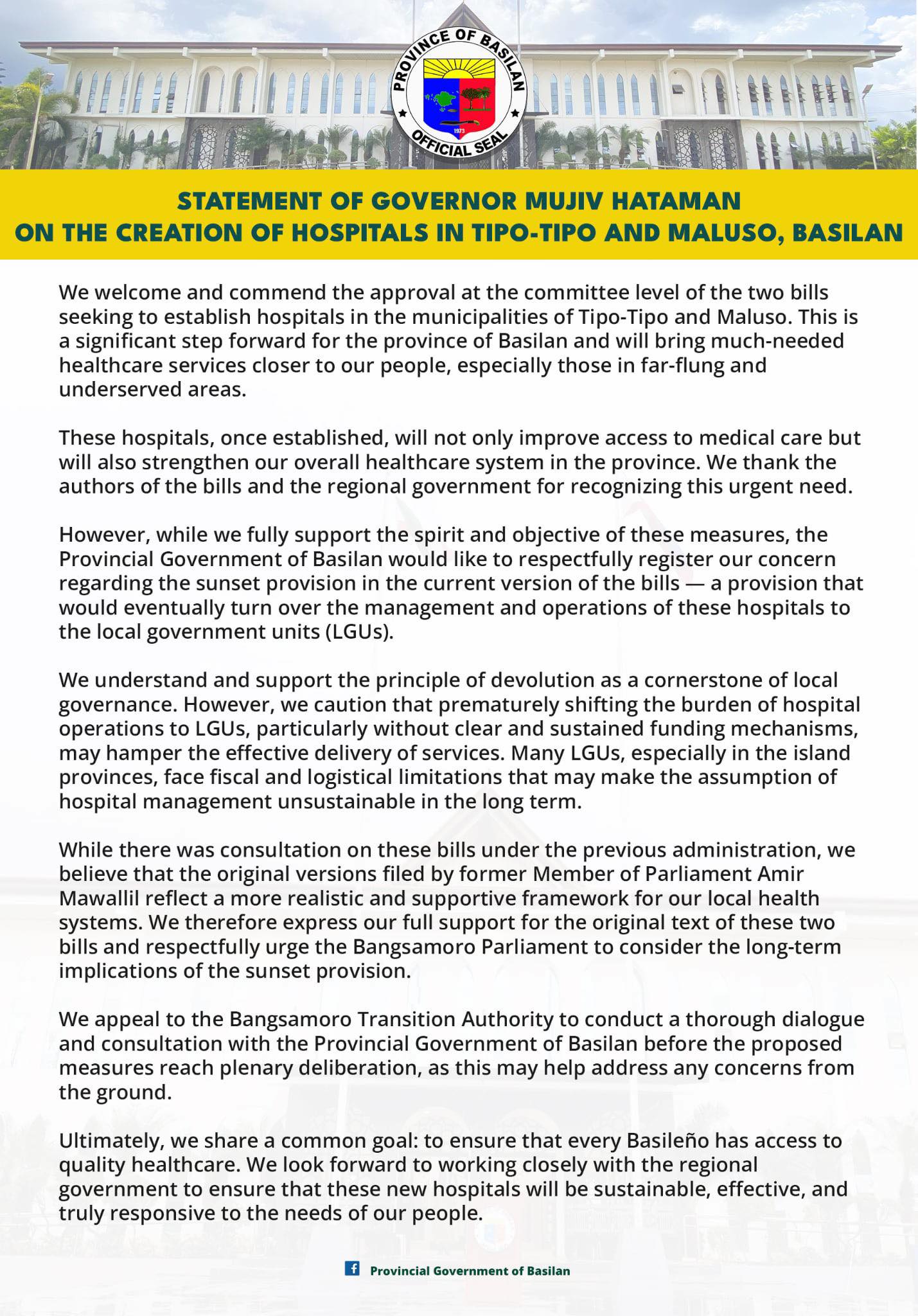 Basilan Governor Welcomes Hospital Bills, Urges Sustainable Health ...